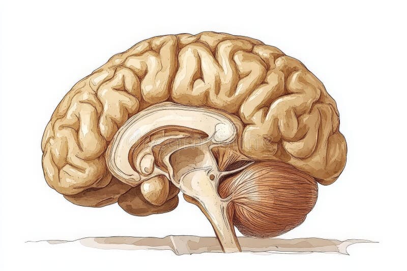 Hand Drawn Anatomical Diagram of a Human Brain with Detailed Structures ...