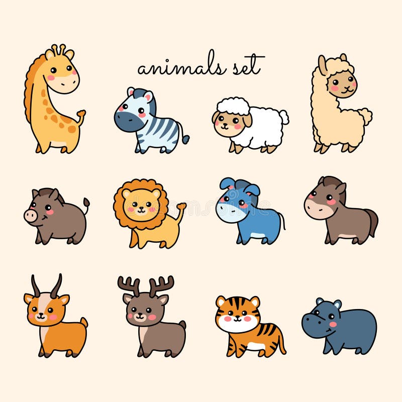 Hand Drawn Animals Color Elements. Cartoon Characters Set Stock Vector ...