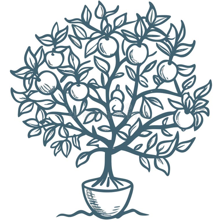 Hand-Drawn Apple Tree in Pot Vector Illustration for Nature and ...