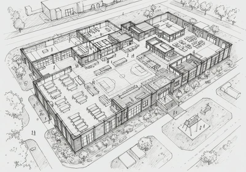 Hand-drawn Architectural Plan of a School Showcases a Single-story ...