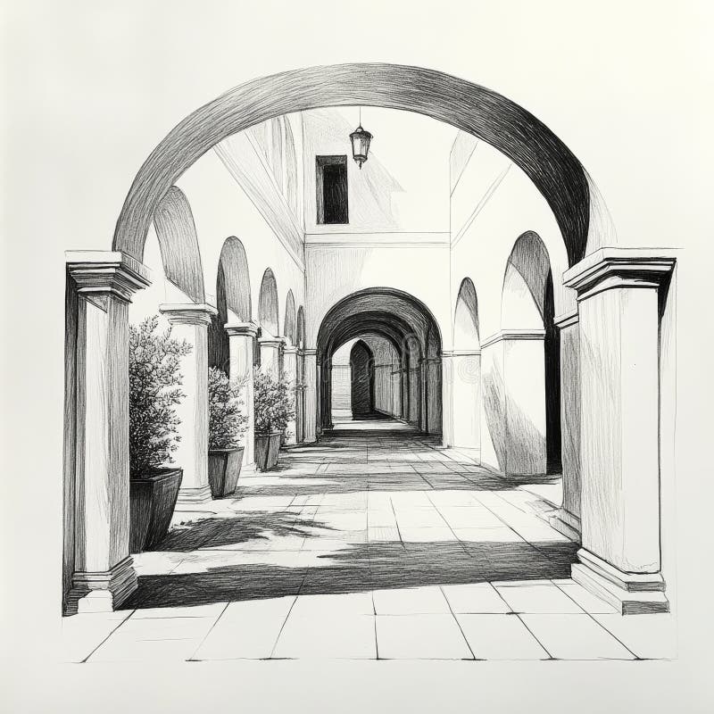 Hand-drawn Archway Leading into an Inviting Open Courtyard of ...
