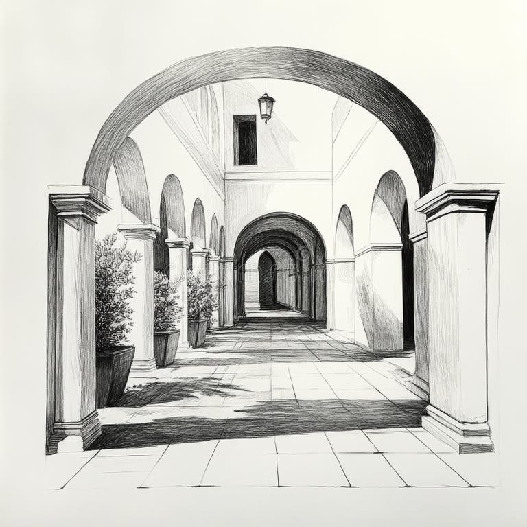 Hand-drawn Archway Leading into an Inviting Open Courtyard of ...