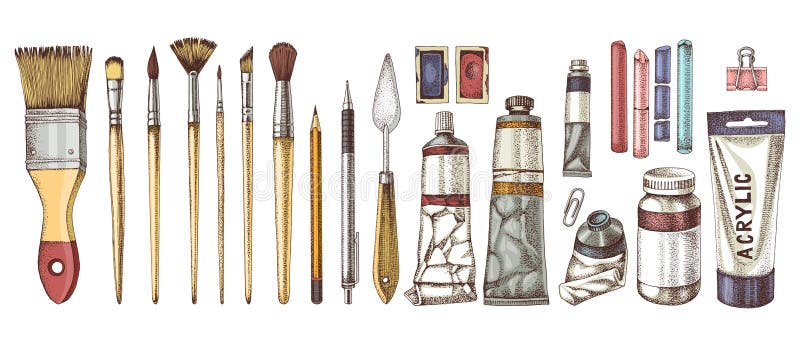 Hand Drawn Art Supplies Vector Set Stock Vector - Illustration of ...
