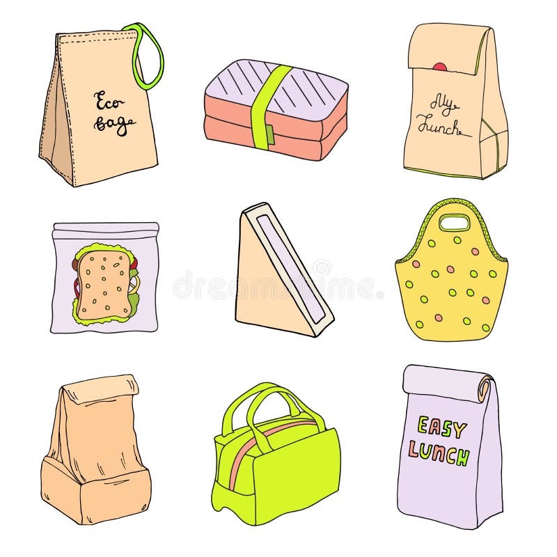 Lunch Bags, Lunch Box Set. Vector Hand Drawn Sketch Illustration Stock ...