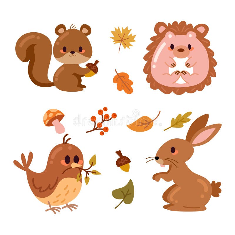 Hand Drawn Autumn Animals Collection Vector Illustration. Stock Vector ...