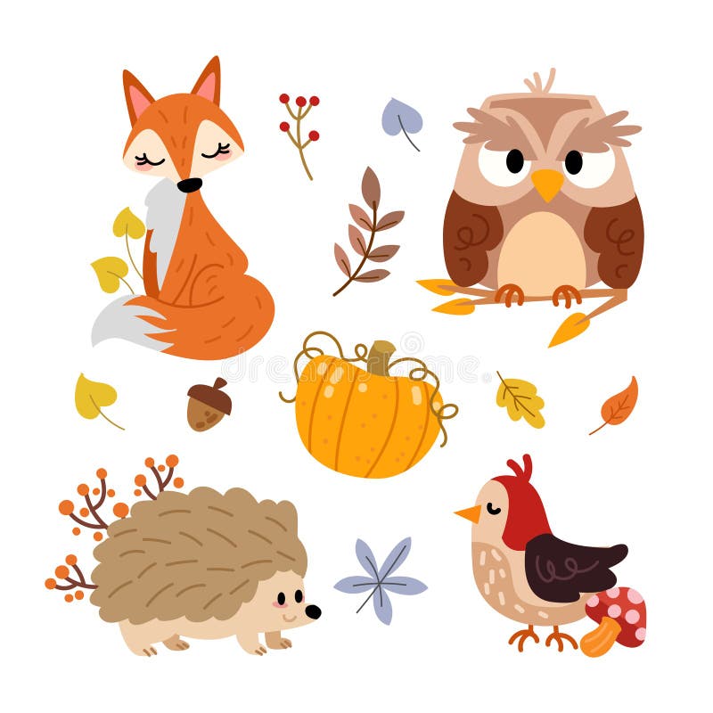 Hand Drawn Autumn Animals Collection Vector Illustration. Stock Vector ...