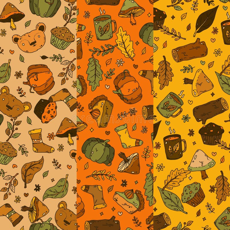 Hand Drawn Autumn Patterns Collection Vector Illustration Stock Vector ...