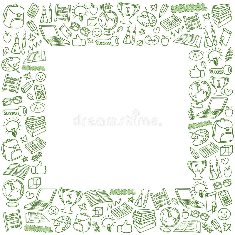 Hand Drawn Back To School Stationary Frame or Border. Set of School and ...