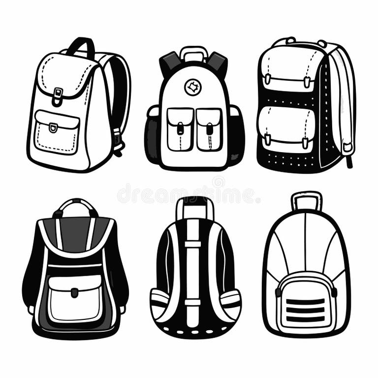 Hand-Drawn Backpack Doodle Set – 6 Unique Black and White Bag ...