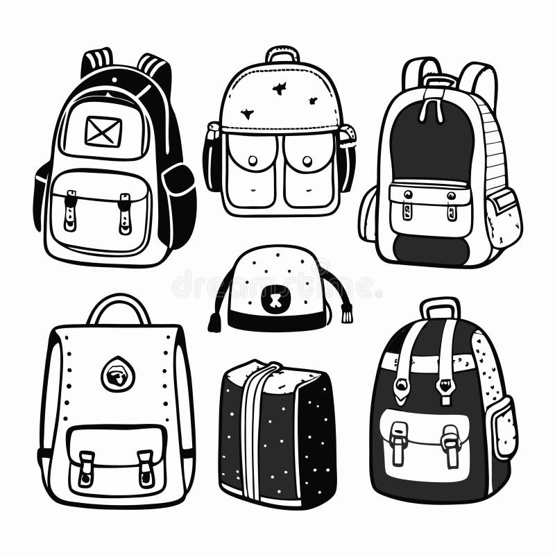 Hand-Drawn Backpack Doodle Set – 6 Unique Black and White Bag ...