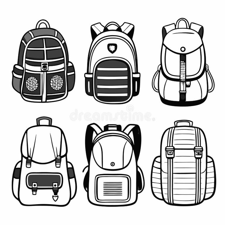 Hand-Drawn Backpack Doodle Set – 6 Unique Black and White Bag ...
