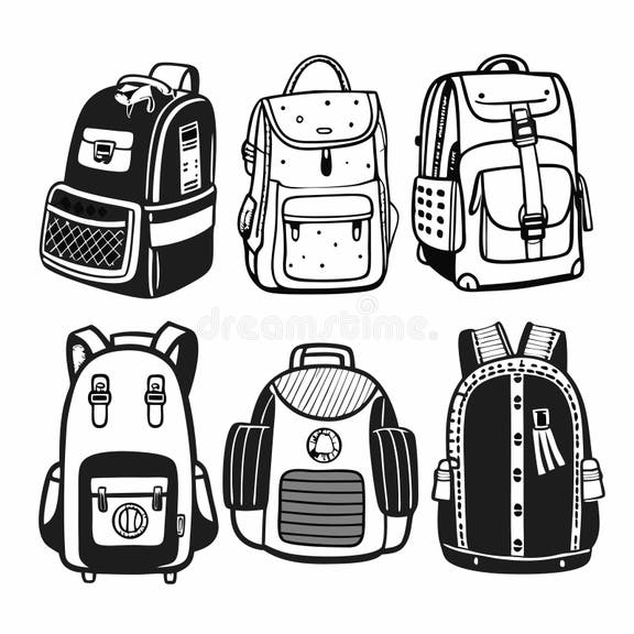 Hand-Drawn Backpack Doodle Set – 6 Unique Black and White Bag ...
