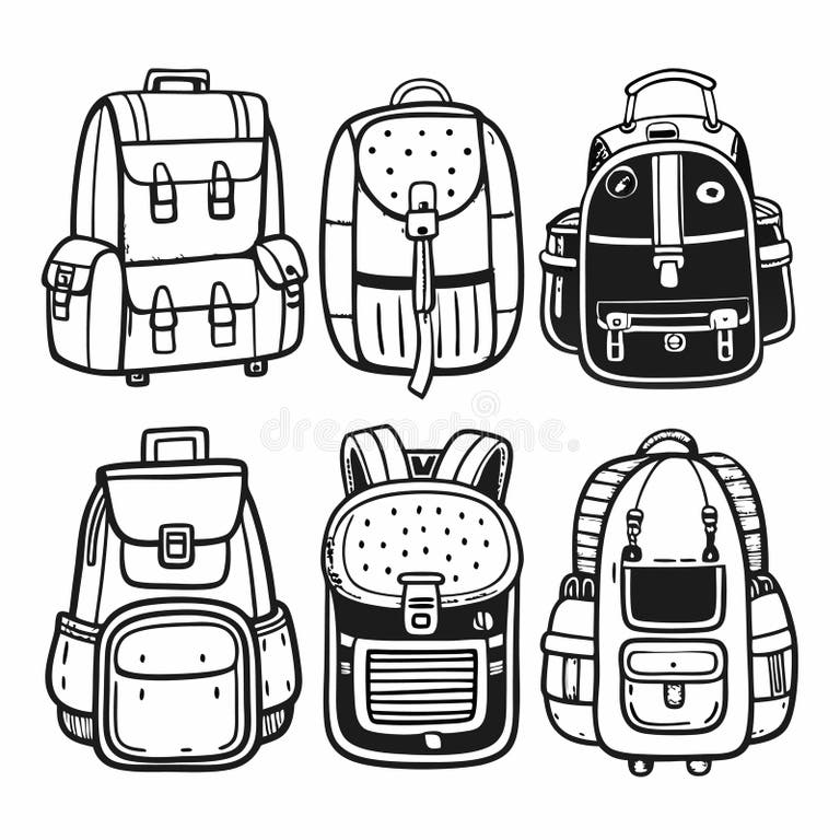 Hand-Drawn Backpack Doodle Set – 6 Unique Black and White Bag ...