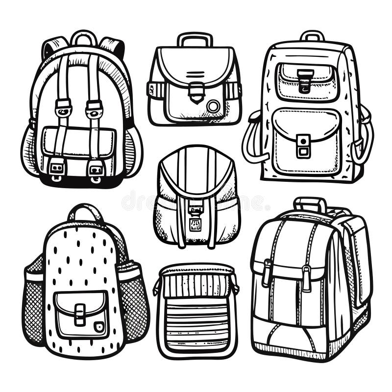 Hand-Drawn Backpack Doodle Set – 6 Unique Black and White Bag ...