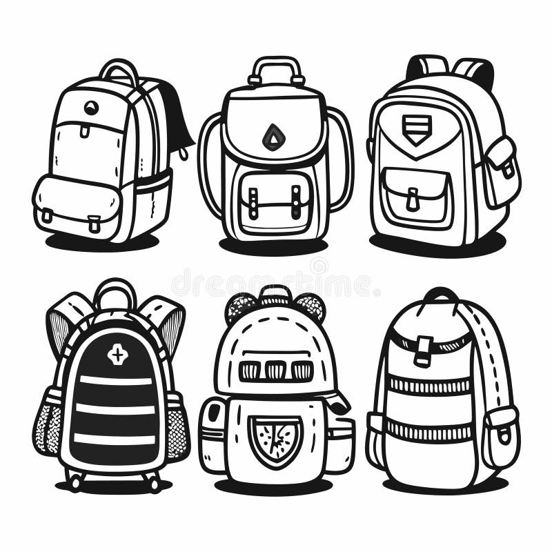 Hand-Drawn Backpack Doodle Set – 6 Unique Black and White Bag ...