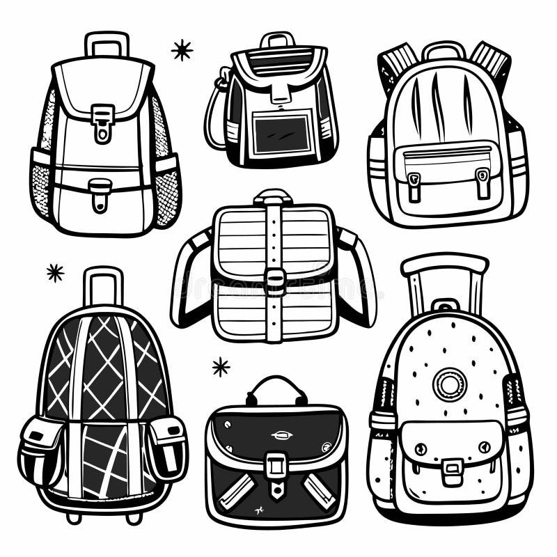 Hand-Drawn Backpack Doodle Set – 6 Unique Black and White Bag ...