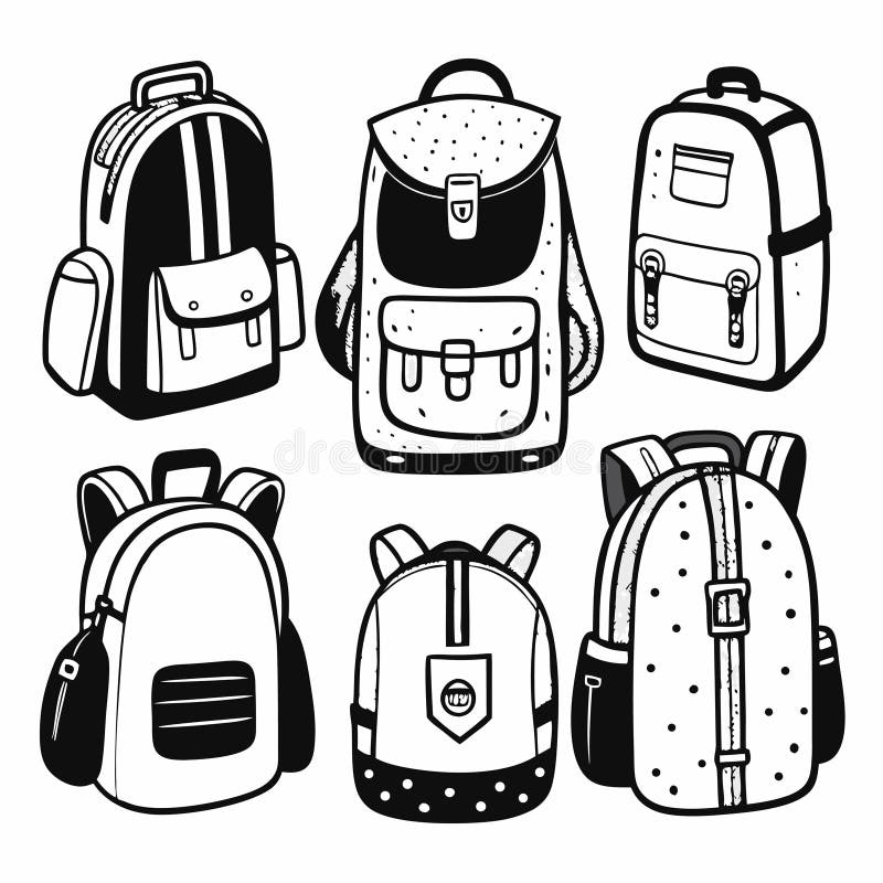 Hand-Drawn Backpack Doodle Set – 6 Unique Black and White Bag ...