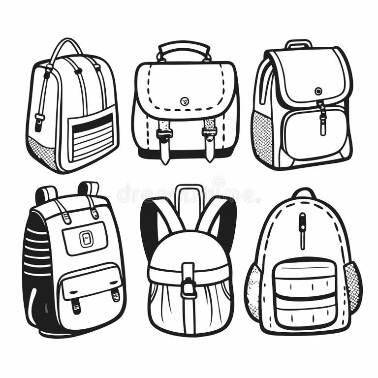 Hand-Drawn Backpack Doodle Set – 6 Unique Black and White Bag ...