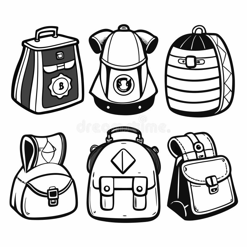 Hand-Drawn Backpack Doodle Set – 6 Unique Black and White Bag ...