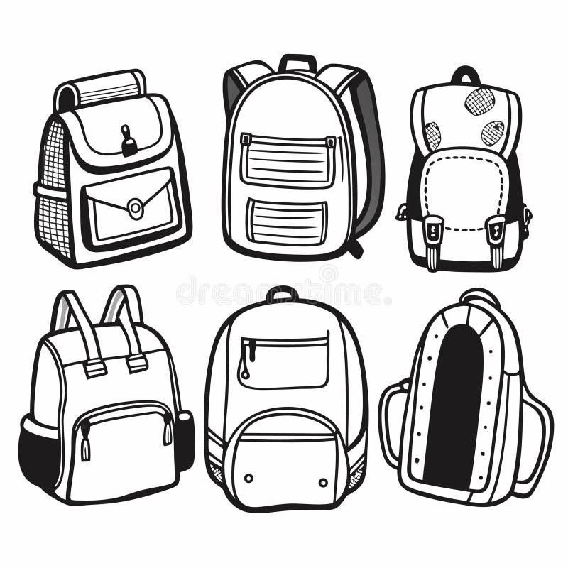 Hand-Drawn Backpack Doodle Set – 6 Unique Black and White Bag ...