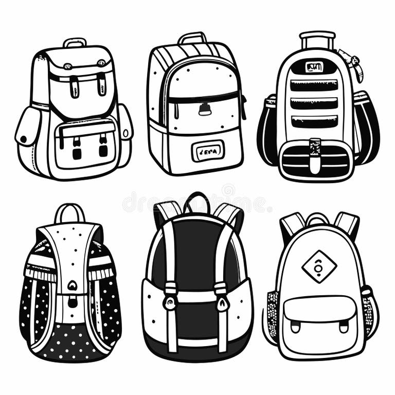 Hand-Drawn Backpack Doodle Set – 6 Unique Black and White Bag ...
