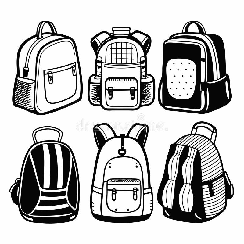 Hand-Drawn Backpack Doodle Set – 6 Unique Black and White Bag ...