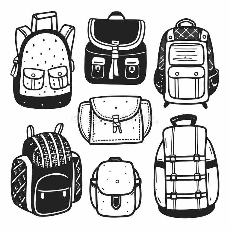 Hand-Drawn Backpack Doodle Set – 6 Unique Black and White Bag ...
