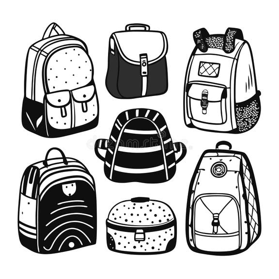 Hand-Drawn Backpack Doodle Set – 6 Unique Black and White Bag ...