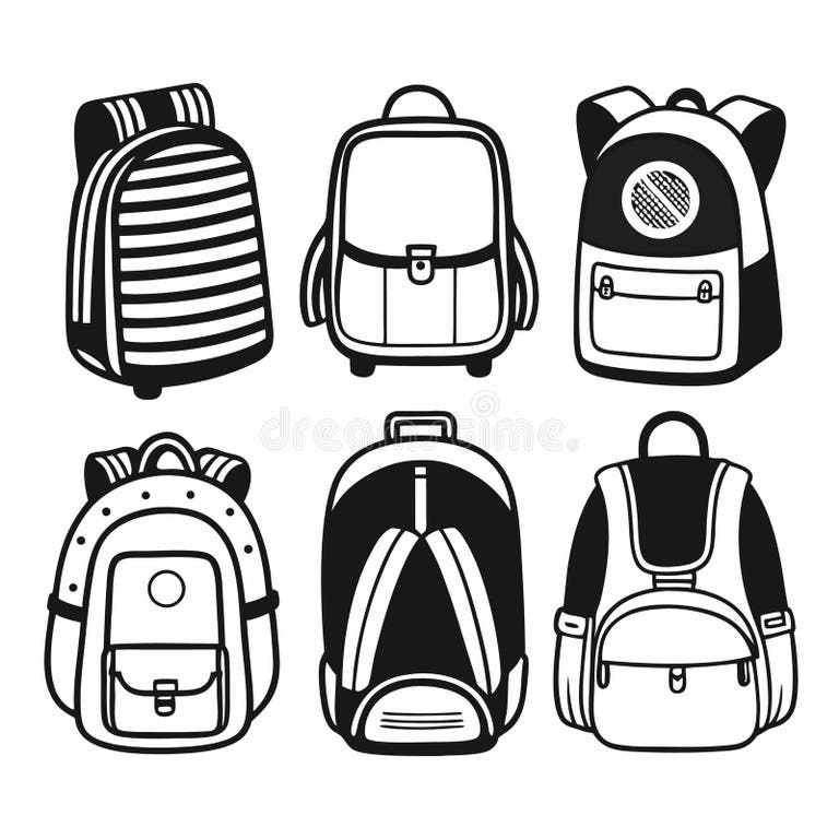 Hand-Drawn Backpack Doodle Set – 6 Unique Black and White Bag ...