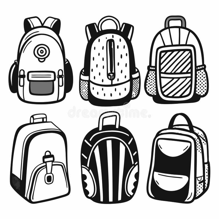 Hand-Drawn Backpack Doodle Set – 6 Unique Black and White Bag ...