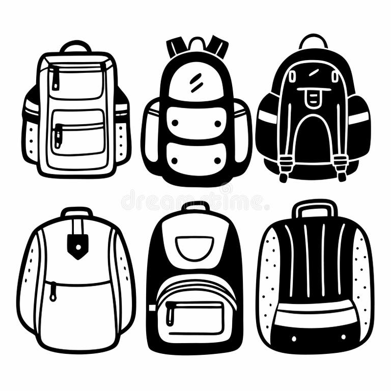 Hand-Drawn Backpack Doodle Set – 6 Unique Black and White Bag ...