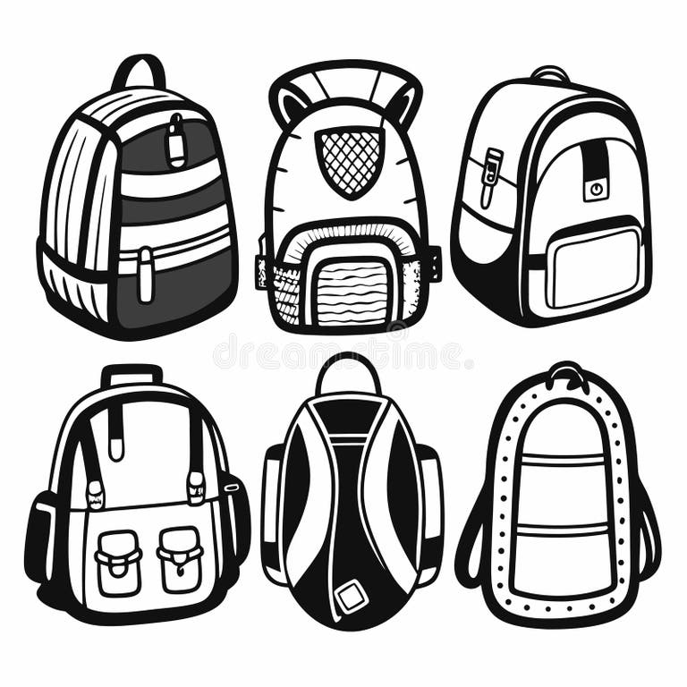 Hand-Drawn Backpack Doodle Set – 6 Unique Black and White Bag ...
