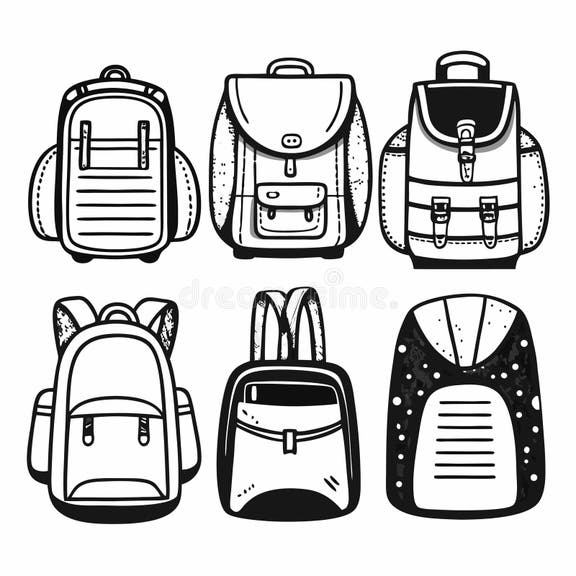 Hand-Drawn Backpack Doodle Set – 6 Unique Black and White Bag ...