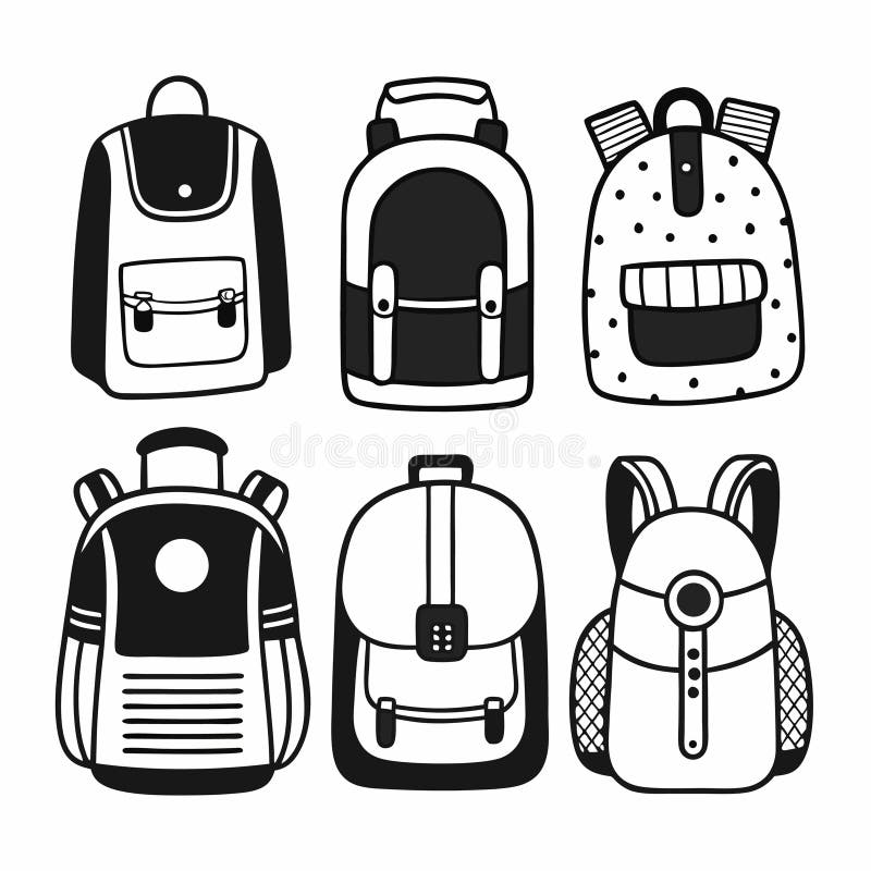 Hand-Drawn Backpack Doodle Set – 6 Unique Black and White Bag ...