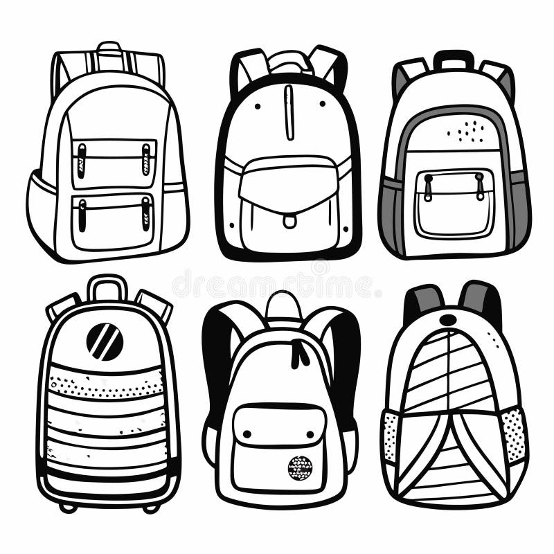 Hand-Drawn Backpack Doodle Set – 6 Unique Black and White Bag ...