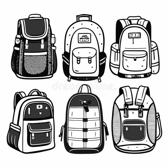Hand-Drawn Backpack Doodle Set – 6 Unique Black and White Bag ...