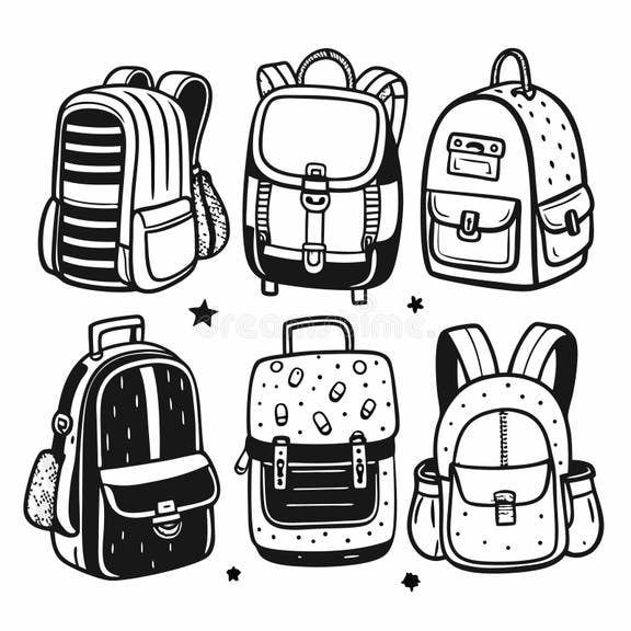 Hand-Drawn Backpack Doodle Set – 6 Unique Black and White Bag ...
