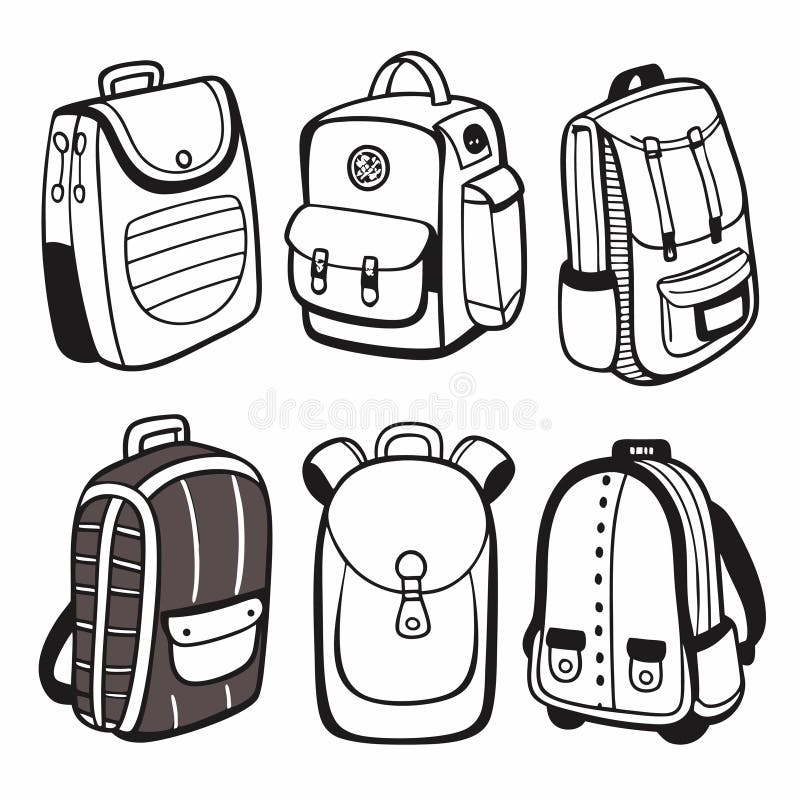 Hand-Drawn Backpack Doodle Set – 6 Unique Black and White Bag ...
