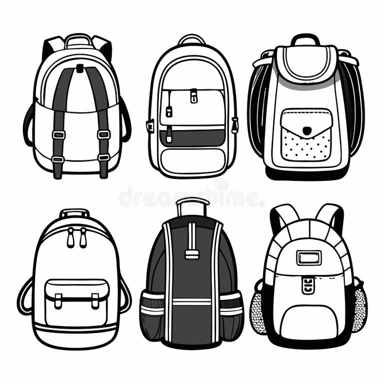 Hand-Drawn Backpack Doodle Set – 6 Unique Black and White Bag ...