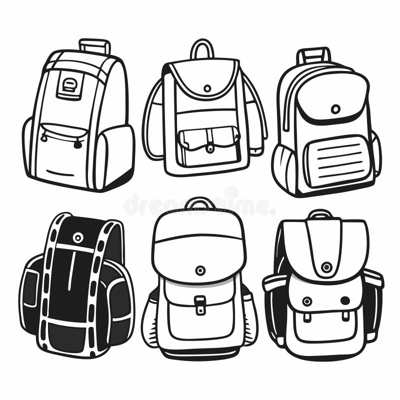 Hand-Drawn Backpack Doodle Set – 6 Unique Black and White Bag ...