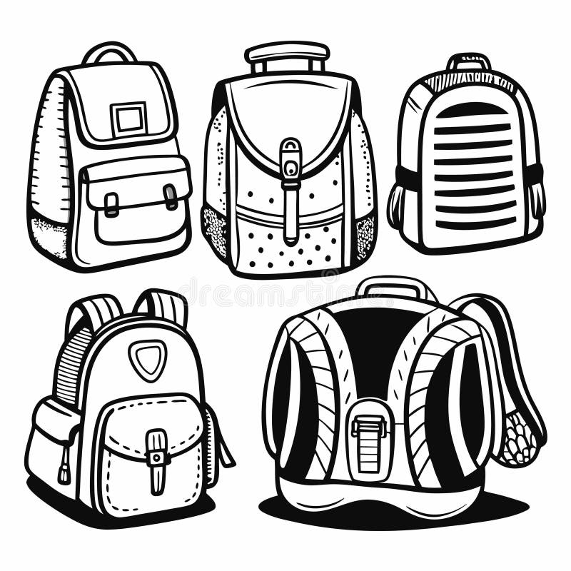 Hand-Drawn Backpack Doodle Set – 6 Unique Black and White Bag ...