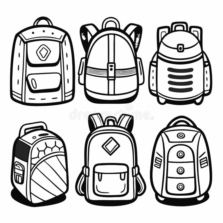 Hand-Drawn Backpack Doodle Set – 6 Unique Black and White Bag ...