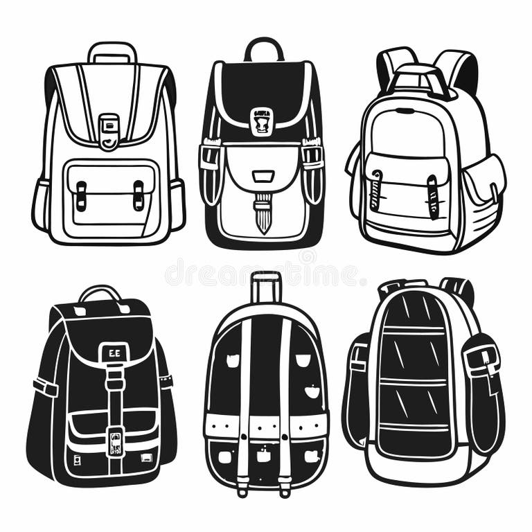 Hand-Drawn Backpack Doodle Set – 6 Unique Black and White Bag ...