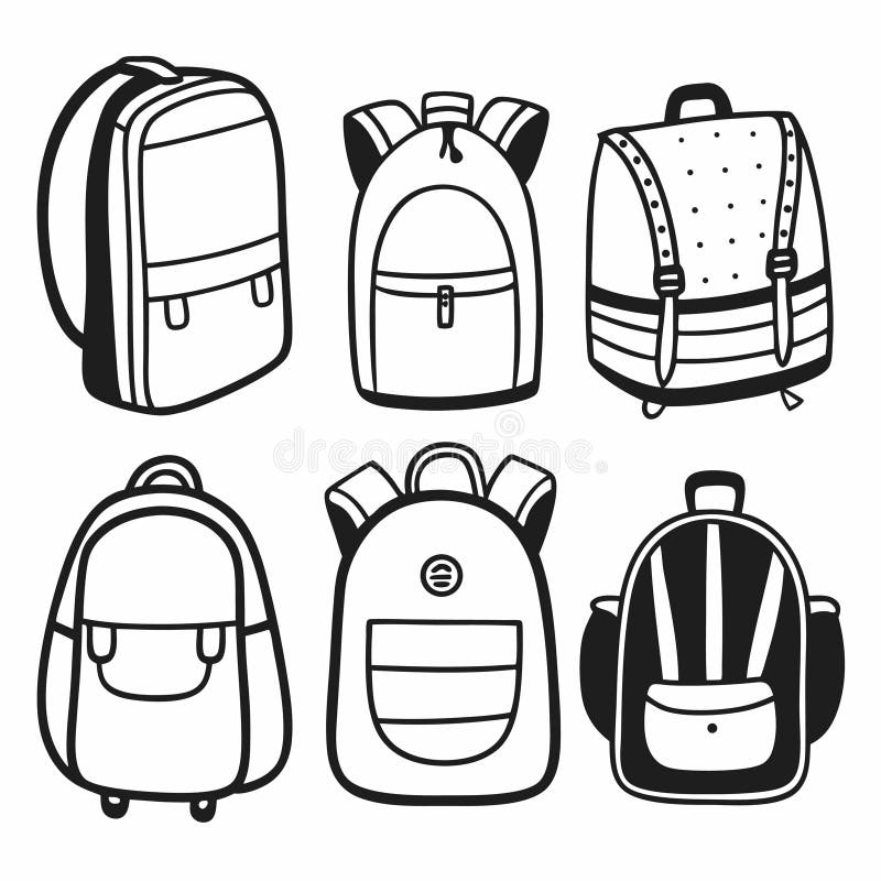 Hand-Drawn Backpack Doodle Set – 6 Unique Black and White Bag ...