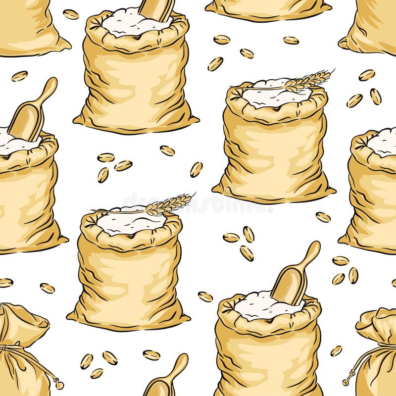 Hand Drawn Bags with Wheat Flour Pattern Seamless Background Vector ...