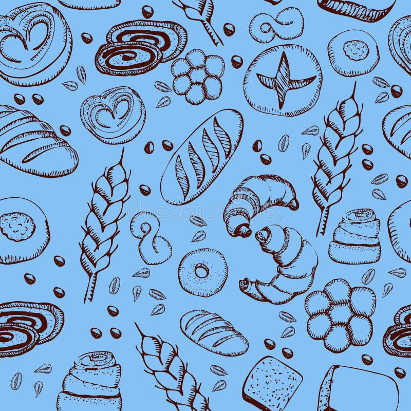 Hand Drawn Bakery on Blue-colored Background. Seamless Pattern ...
