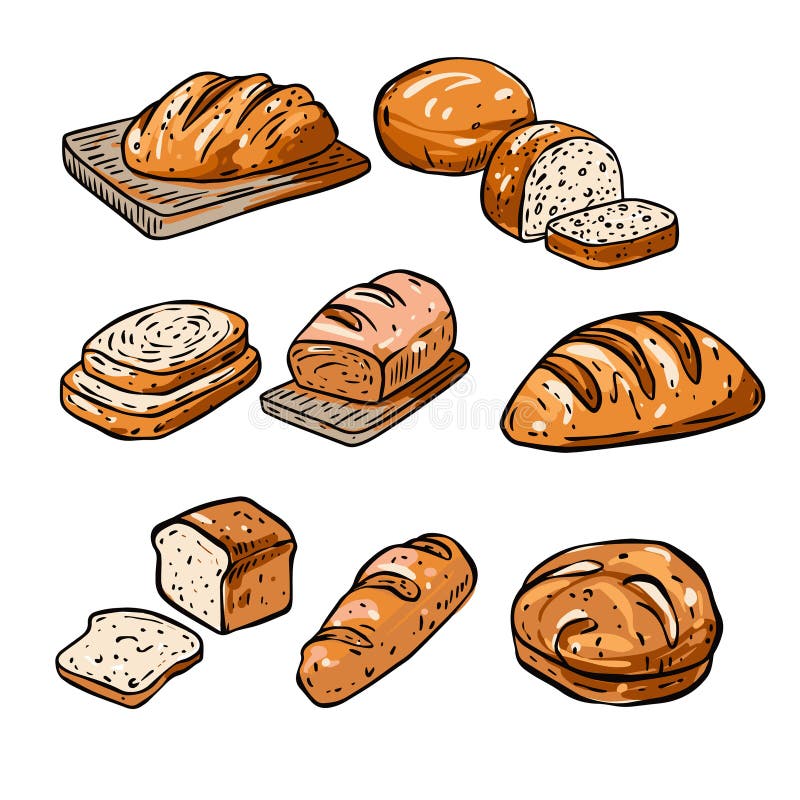 Hand Drawn Bakery Bread Set Doodle Elements. Sketch Art Vector ...