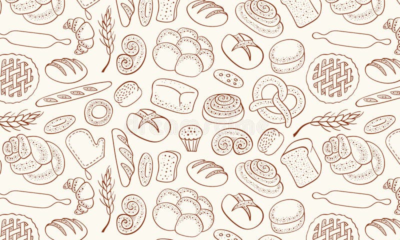 Hand Drawn Bakery Seamless Pattern Stock Vector - Illustration of ...
