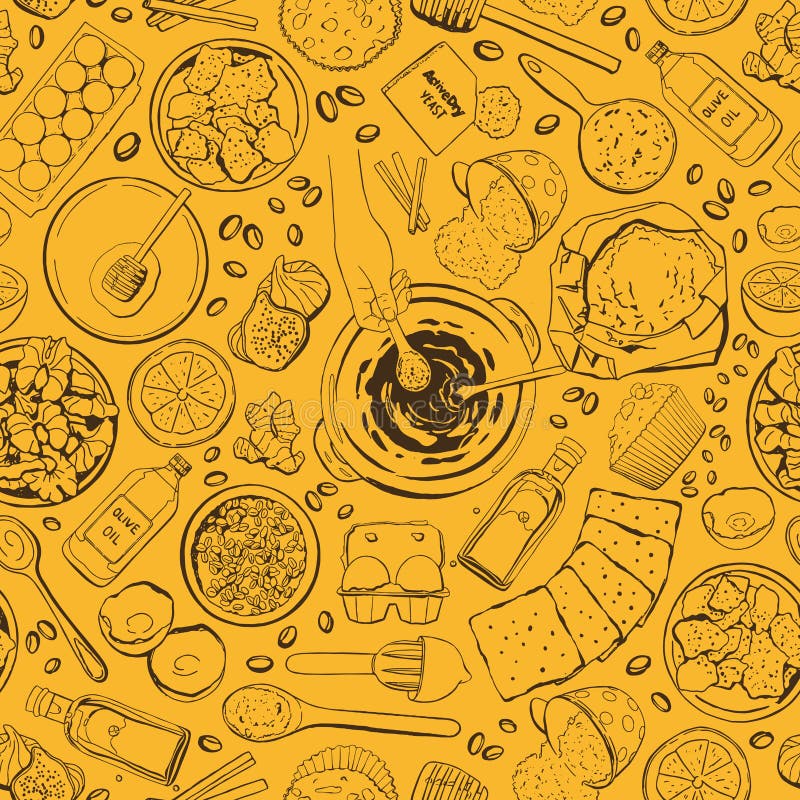 Hand Drawn Bakery Seamless Vector Pattern in Line Style Stock Vector ...