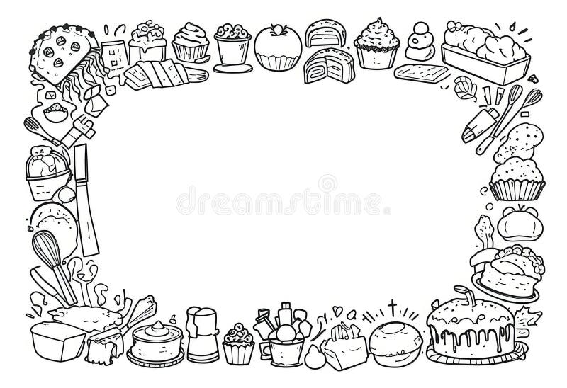Hand Drawn Baking and Dessert Border Frame with Empty White Space Stock ...
